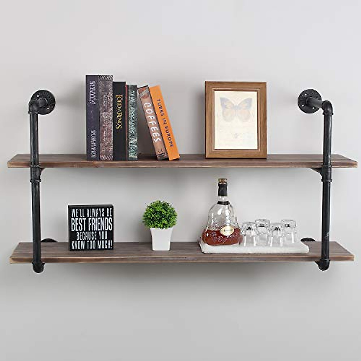 Womio Industrial Pipe Shelving Wall Mounted,Rustic Metal Floating Shelves,Steampunk Real Wood Book Shelves,Wall Shelf Unit Bookshelf Hanging Wall Shelves,Farmhouse Kitchen Bar Shelving(2 Tier,48in)