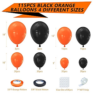 YAOWKY Black Orange Balloon Garland Arch kit,115Pcs 18 12 10 5 Inch Matte Black Orange Latex Balloons for Halloween Celebration Trick or Treat Party Spooky Ghost Party Bar Anniversary Decoration