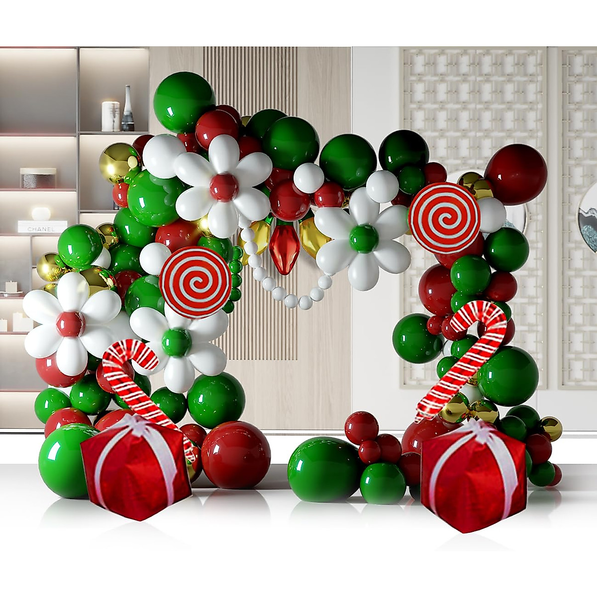 152 Pec Christmas Balloons Christmas Balloon Arch Kit ， Christmas Garldand Xmas Green Red Golden White Candy Balloons Gift Box For Christmas Party Decoratives Backdrop