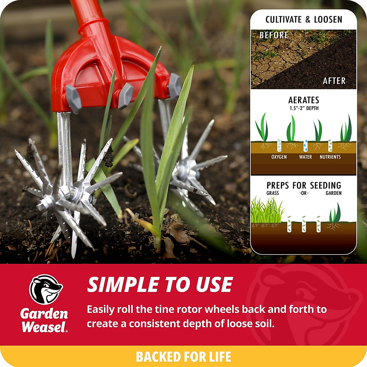 Garden Weasel Rotary Cultivator & Hand Tiller - 2-in-1 | Aerate, Weed, Cultivate, Plant, Reseed | Lawn Reseeding Garden Tool, Garden Soil Loosener | 91206