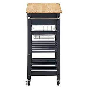 OSP Home Furnishings Hampton Kitchen Cart with Wood Top, Utensil Drawer, Under Cabinet Basket, and 2 Slatted Shelves, Blue Stone Base