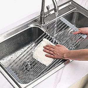 Oliomp Roll Up Dish Drying Rack, 17.5" x 15.7" Over The Sink Stainless Steel Roll-Up Dish Drying Rack Foldable Rolling Dish Drainer Suitable for Dishes,Fruits Vegetables Integrated Sink Drying Rack.