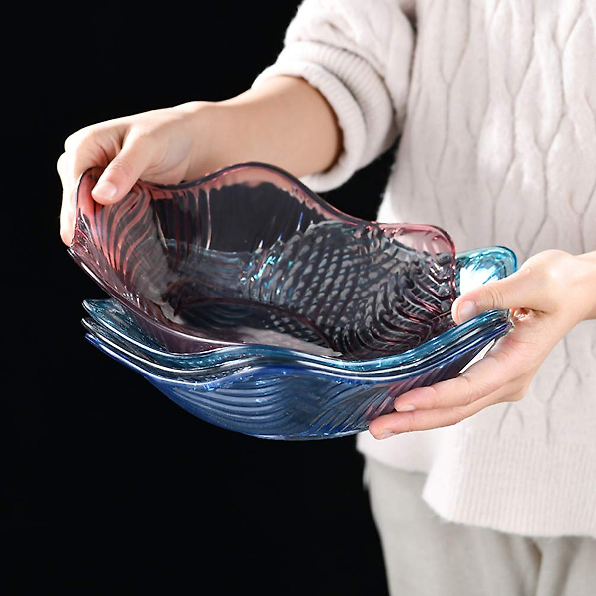 Hemoton Serving Bowl Platter Fruit Holder Bowl Clear Salad Bowl for Home Party Chips Candy Snack Flower Pattern Wave Edged 25.8cm (Blue)