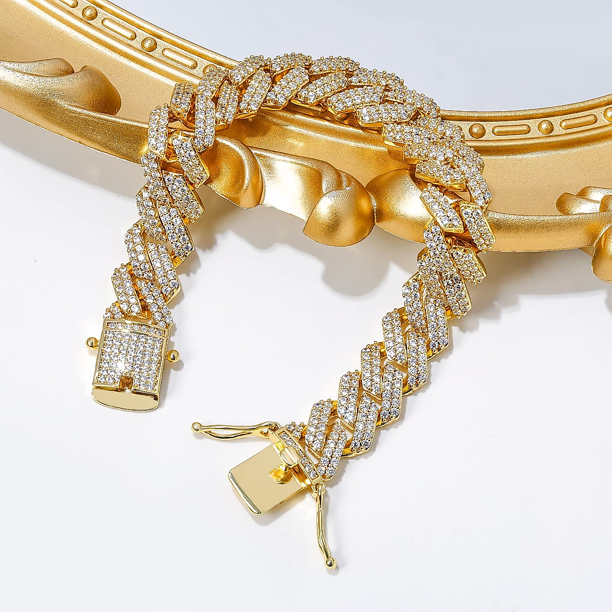 Gemsme 18K Yellow Gold Plated Bracelet 13MM Full Iced Out Cubic Zirconia Cuban Link Chain Hip Hop Bracelet for Men Women 7.5 Inch