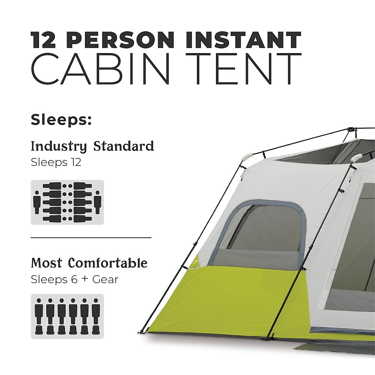 CORE 12 Person Instant Cabin Tent | 3 Room Huge Tent for Family with Storage Pockets for Camping Accessories | Portable Large Pop Up Tent for 2 Minute Camp Setup