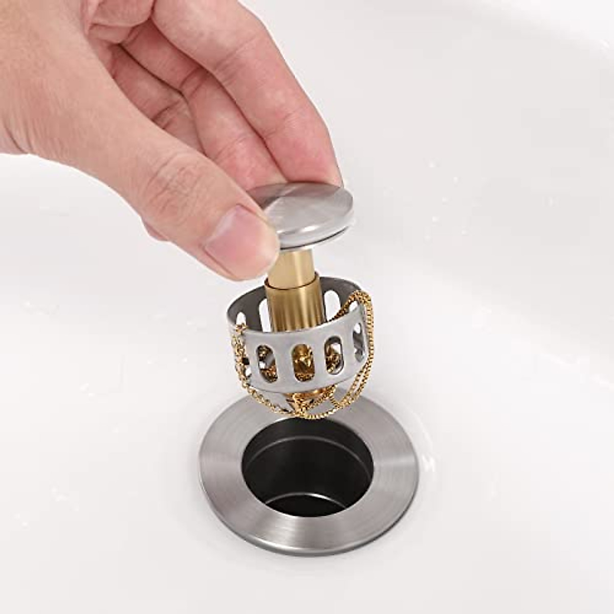 KES Bathroom Sink Drain Without Overflow, Pop Up Drain with Detachable Hair Catcher for Vanity Vessel Sink, Small Cap Brushed Nickel, S2014D-BN