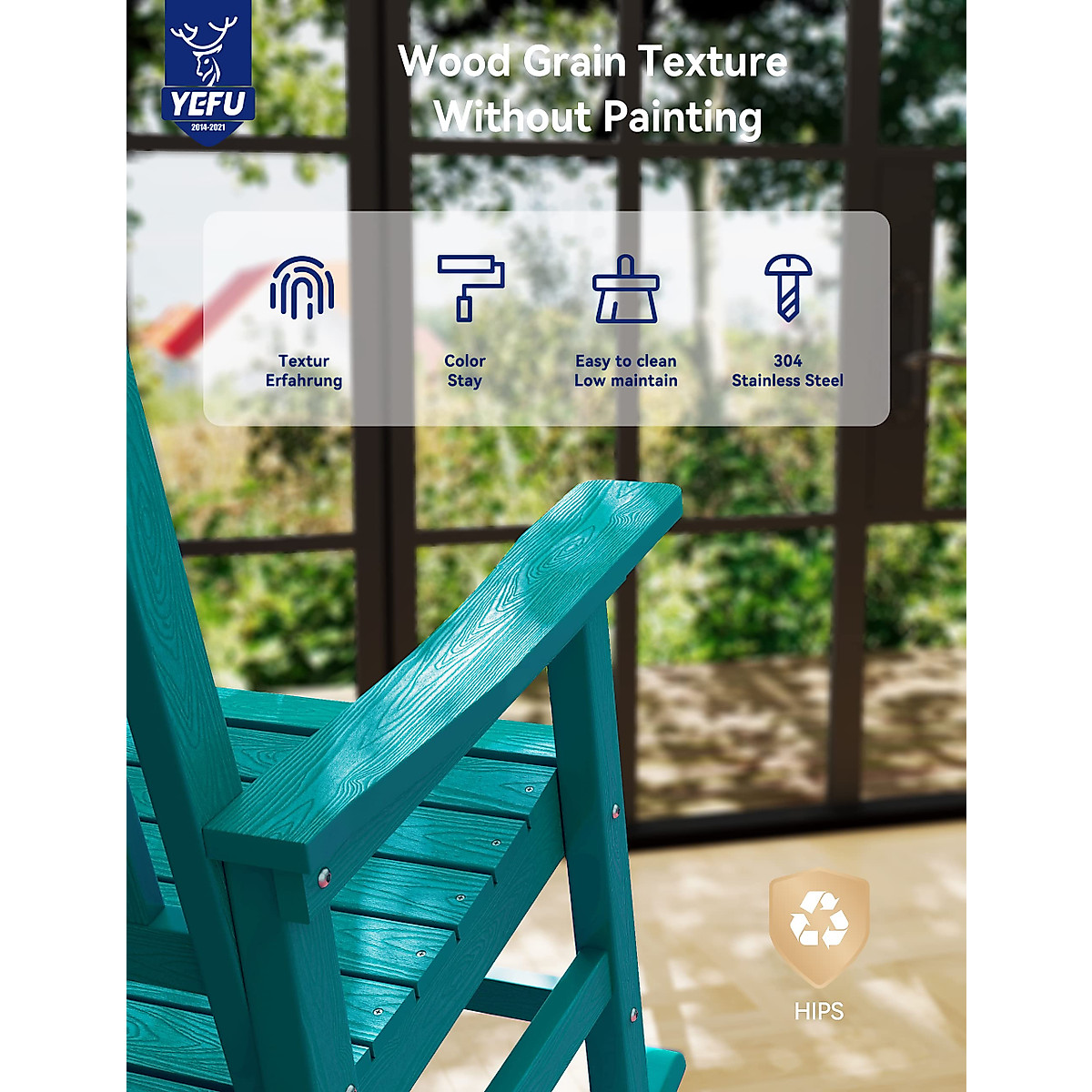 YEFU Outdoor Rocking Chair, Poly Lumber Rocking Chairs for Porch Set of 2 with High Back, Poly Rocking Chair Look Like Real Wood, Widely Used for Patio, Lawn, Indoor,380lb Heavy Duty(Aruba Blue)