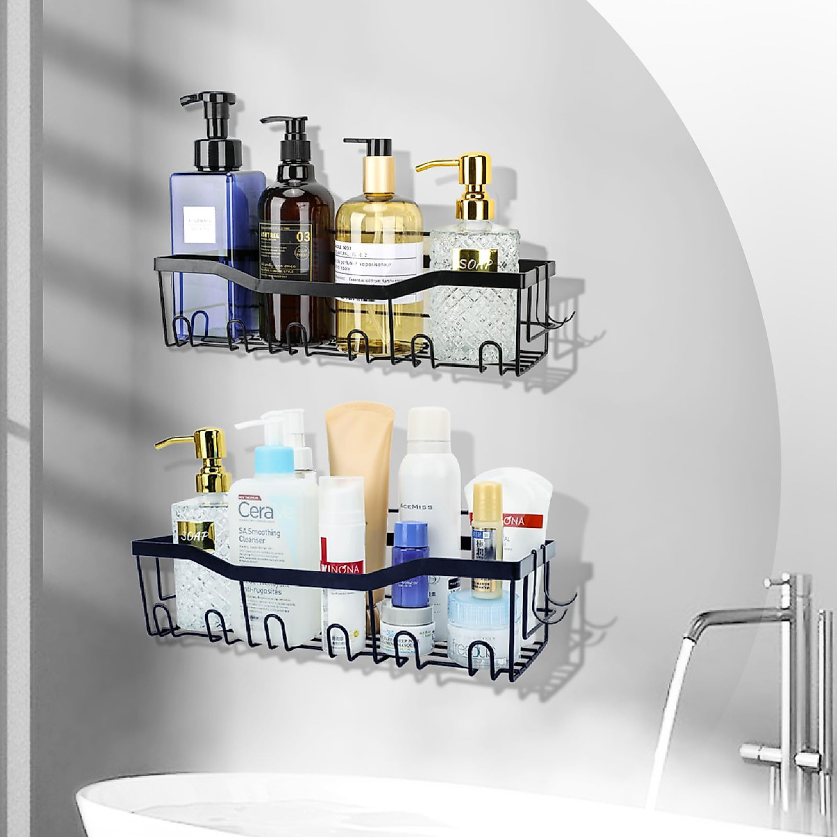 Sevlaz Shower Caddy Hanging, Adhesive Bathroom Organizers and Storage for Inside Shower, Black Rustproof Large Capacity Shower Shelves for Bathroom & Apartment