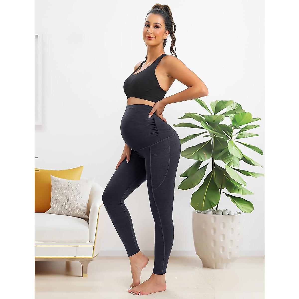 Heathyoga Maternity Leggings with Pockets - Pregnancy Yoga Pants for Women's Workout