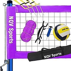 NQV Professional Portable Outdoor Purple Volleyball Net Set with Adjustable 3 Levels Height Steel Poles, Anti-sag System,Volleyball,Pump,Boundary Line and Carrying Bag for Backyard