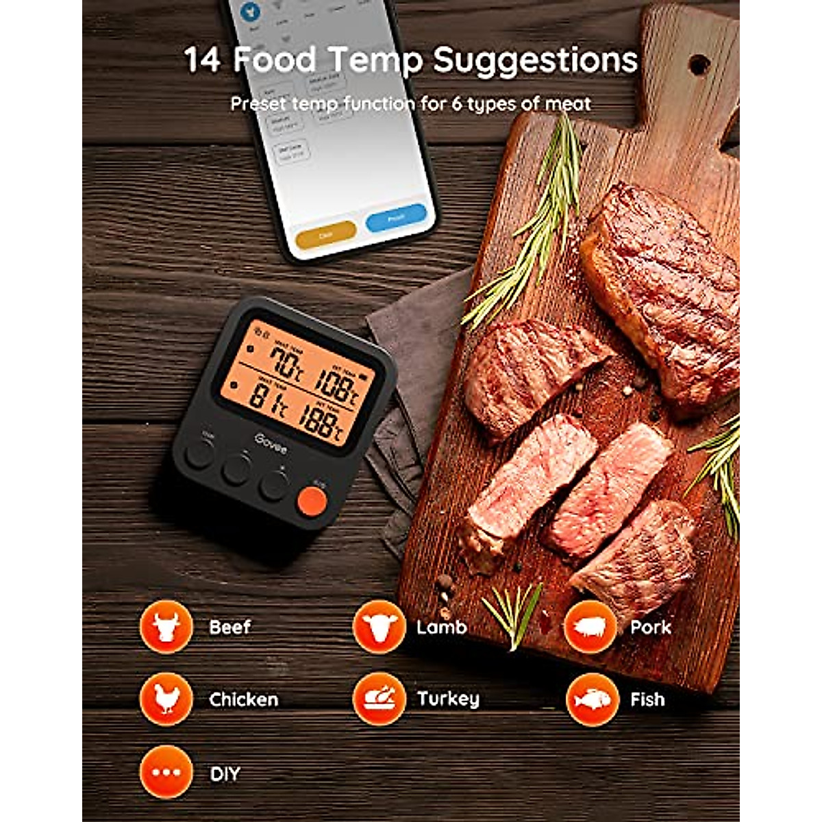 Govee Bluetooth Meat Thermometer, 230ft Range Wireless Grill Thermometer Remote Monitor with Temperature Probe Digital Grilling Thermometer with Smart Alerts for Smoker Cooking BBQ Kitchen Oven