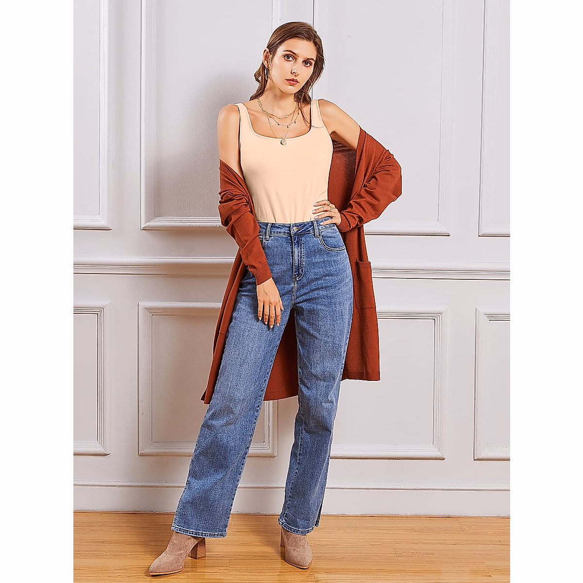 V FOR CITY Women's Built-in Bra Tank Adjustable Wide Strap Camisole Tops Scoop Neck Cotton Cami Shirts M