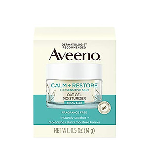 Aveeno Calm + Restore Oat Gel Facial Moisturizer for Sensitive Skin, Lightweight Gel Cream Face Moisturizer with Prebiotic Oat & Feverfew, Hypoallergenic, Fragrance- & Paraben-Free, 0.5 oz (Pack of 5)