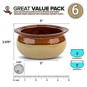 Stock Your Home French Onion Soup Crocks (6 Count) - 12 Ounce Oven Safe French Onion Soup Bowls - Two-Toned Brown & Ivory Ceramic Porcelain Soup Bowls