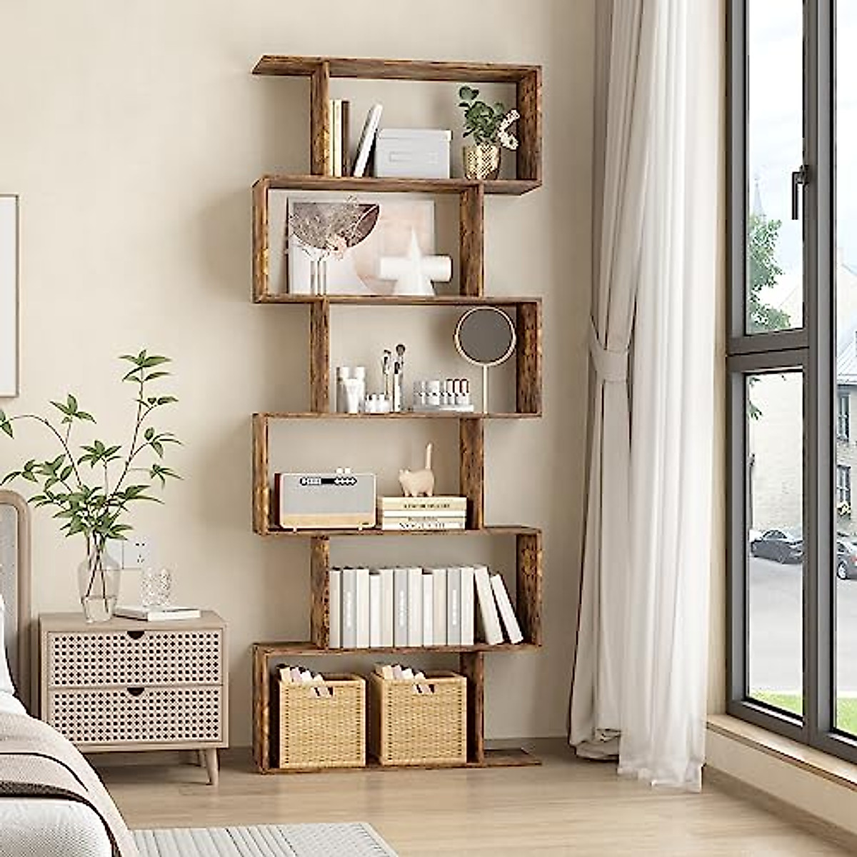 HOMEFORT Wooden Geometric Bookshelf,6-Tier S-Shaped Bookcase,6 Shelf Morden Bookshelves,Unique Freestanding Tall Book Shelf and Book Case for Bedroom and Living Room Home Office,Rustic Brown