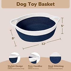 Goodpick Small Woven Basket Cute Navy Blue Rope Basket Cotton Basket Woven Storage Basket Cat Toy Basket Nursery Basket with Handles for Bedroom 12"x 8" x 5" Oval Candy Color Design, (Pack of 1)