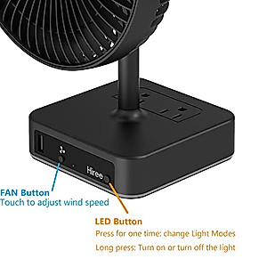 Hiree Desk Fan with USB Charging Port, 2 Speeds 6.7 Inch Small Desktop Table Fan with 2 AC Outlets and LED Lights, Strong Wind, Quiet Operation - Personal Fan for Home, Dorm Room, Office