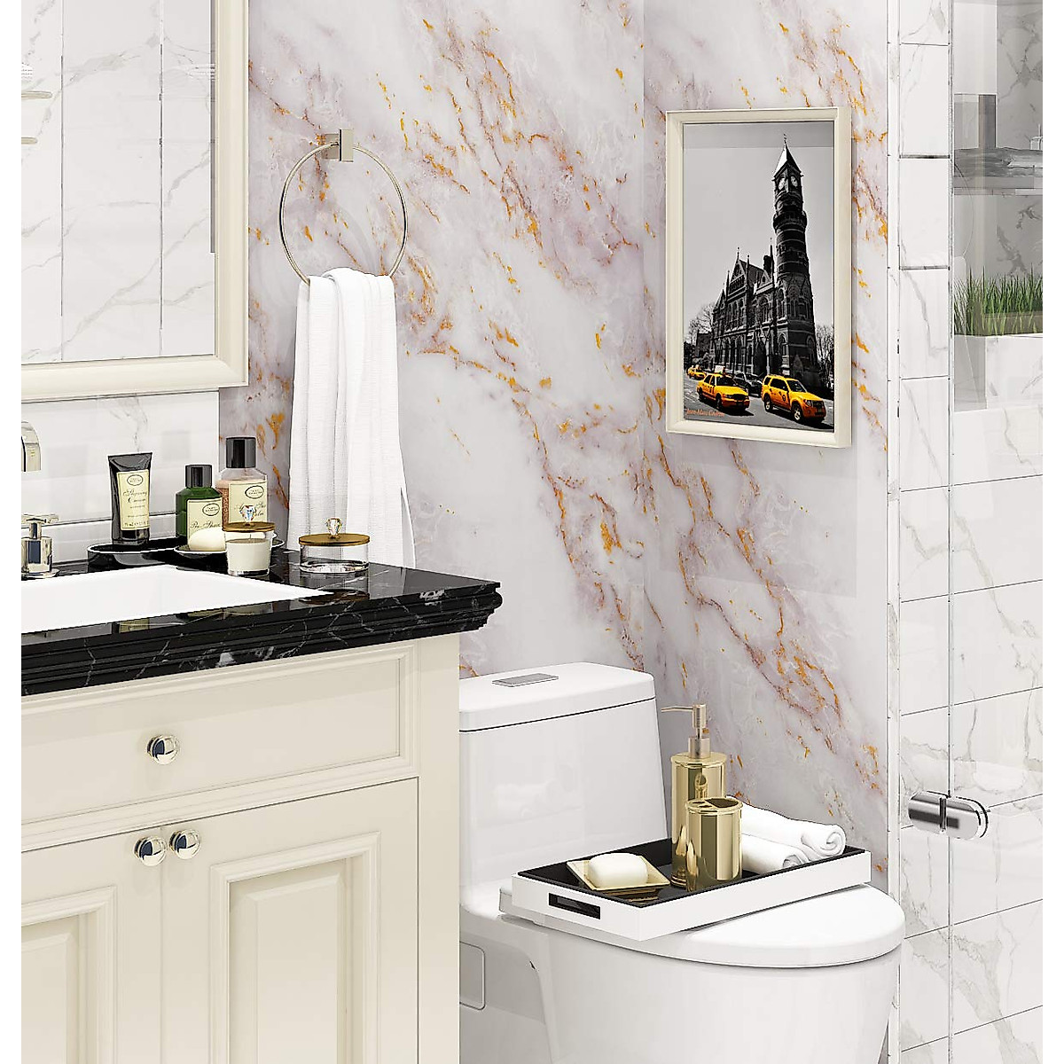 Livelynine Gold Marble Contact Paper Peel and Stick Countertops for Kitchen Table Desk Counter Top Covers Self Adhesive Wallpaper for Bathroom Sink Removable Waterproof 15.8x78.8 Inch