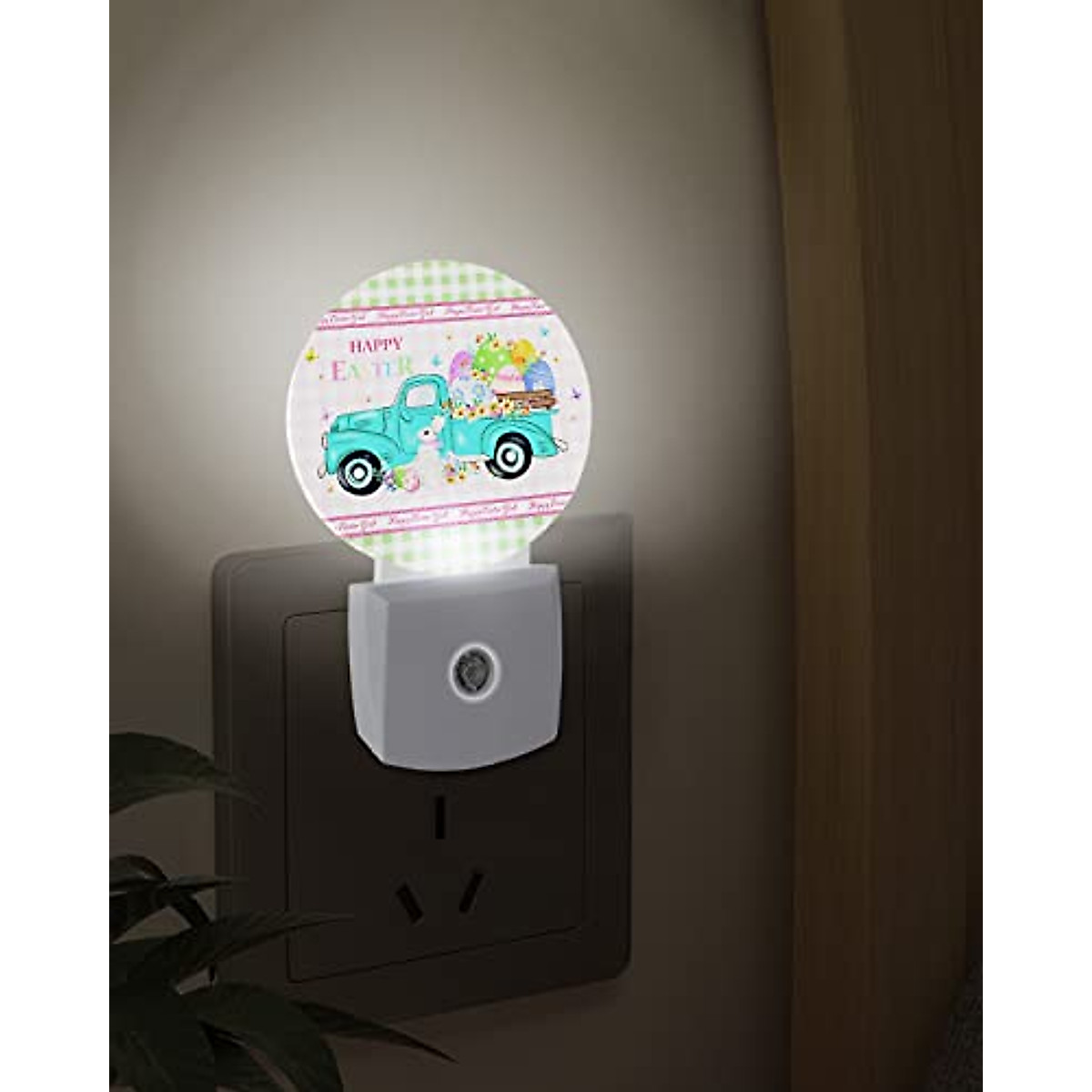 Spring Easter Round Night Lights Plug into Wall, Dusk to Dawn Sensor, Pink Green Plaid Truck Bunny Colorful Eggs LED Night Light for Kids Room, Bedroom, Bathroom, Nursery, Hallway, Stairs