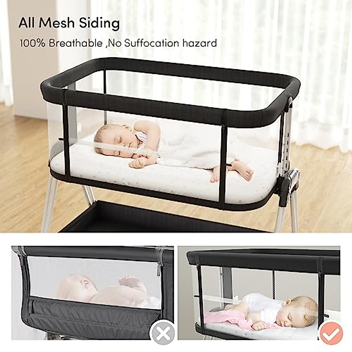 Fodoss Baby Bassinet Bedside Sleeper with Wheels and Storage Tray,4-Sided Mesh Bedside Bassinet Co Sleeper for Infant/Newborn,7 Height Adjustable Easy Folding Bedside Crib