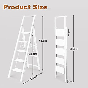 HBTower 5 Step Ladder, Aluminum Ladder with Handrails, Folding Step Stool for Adults, 330LBS Capacity Sturdy& Portable Ladder for Home Kitchen Library Office, White