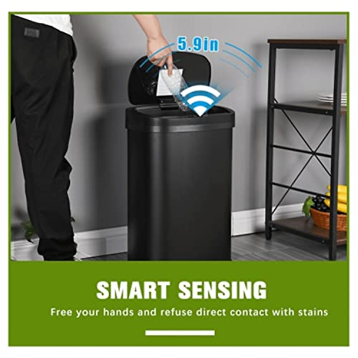 Lucky Shop 13 Gallon Kitchen Trash Can Automatic Garbage Can, Stainless Steel Waste Bin with Lid, Electronic Touch Free Motion Sensor High-Capacity Brushed Metal for Indoor, Black GL-TC-1350R-Black