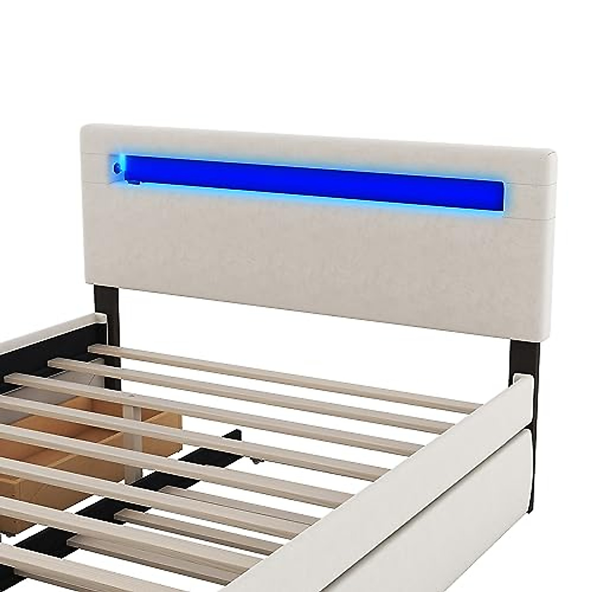 Merax Queen-Size Upholstered Storage Platform Bed with Twin Size Trundle, 2 Drawers, LED and USB Charging, Beige Wood Bed Frame