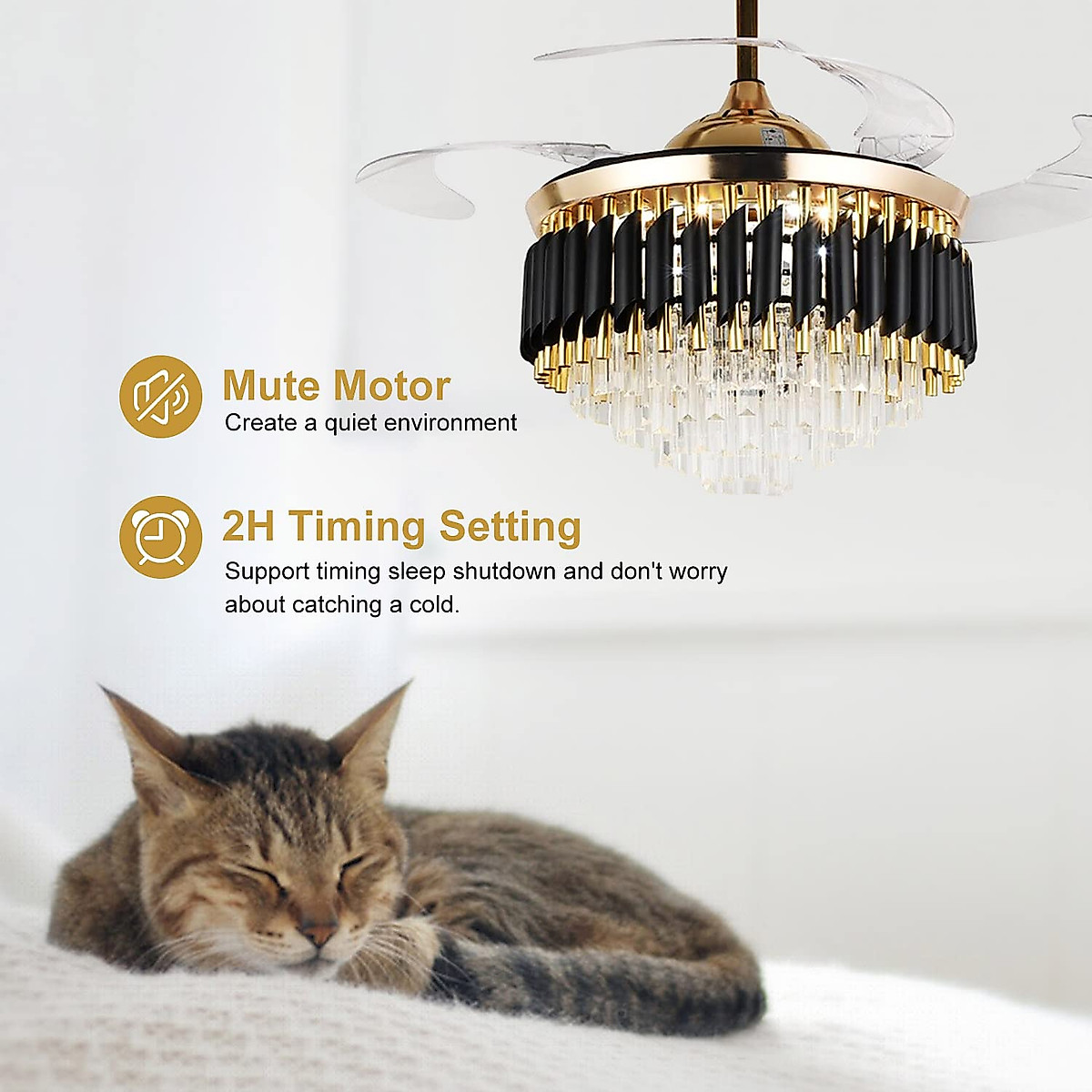 MoreChange 42" Fandalier Ceiling Fans with Lights Retractable Blades Remote Control Modern Chandelier Ceiling Fan 3 Speeds 3 Color Changes Lighting Fixtures, Silent Motor with LED Kits(Gold+Black)
