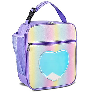 Samhe Lunch Box for Girls Kids, Insulated Rainbow Tote Bag Leakproof Thermal Cooler Reusable Lunch Bag for School Office Outdoor (Purple)