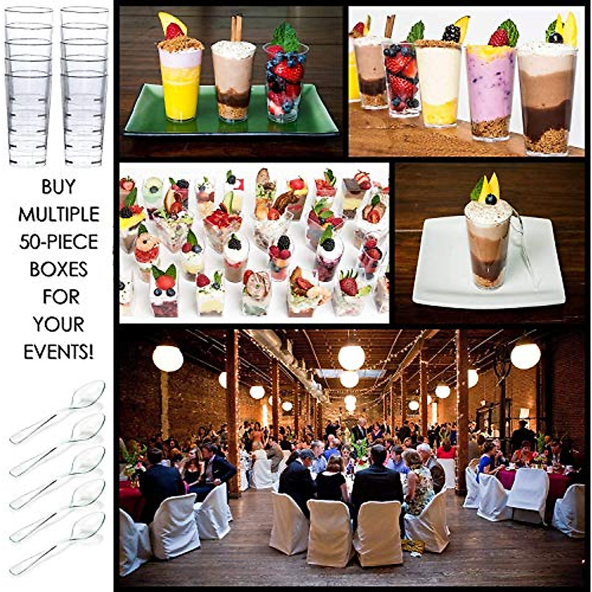 DLux 50 x 3 oz Mini Dessert Cups with Spoons, Shooter - Clear Plastic Parfait Appetizer Cup - Small Reusable Shot Glass for Tasting Party Shooters Desserts Appetizers - With Recipe Ebook