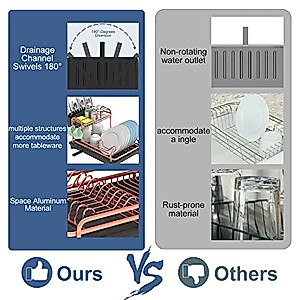 CAOANTRY Aluminum Dish Drying Rack, 2-Tier Rustproof Dish Rack with Automatic Drainborad Set, Small Dish Drainers- Space Saver for Kitchen Countertops, Rose Gold