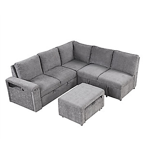 LUMISOL Sectional Sofa with Storage Space, 6 Seat Modular Couch with Cup Holders on The Armrests and USB Ports, L-Shaped Indoor Funiture with Ottoman and Pull-Out Structure for Living Room, Gray
