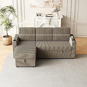Corduroy Upholstered Reversible Sleeper Sectional Sofa with Pull Out Bed and Convertible Storage Chaise Lounge , 3 Seater Corner Couch Sofabed with 2 Cupholder and USB Charge Port for Living Room