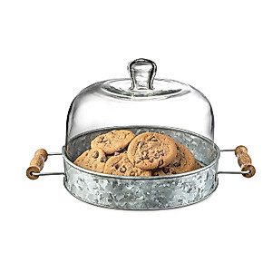 Royalty Art Farmhouse Cake Plate with Glass Dome, Rustic Kitchen and Dining Room Platter with Carry Handles, Galvanized Steel Base, Decorative Home Decor for Cupcakes and Pastries