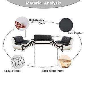 JFlove Modern Leather Sofa Set, Sectional Couches in Faux Leather - A-Leather Black&White, Living Room Furniture for 6 Seater, Includes Sofa, Loveseat, Chair