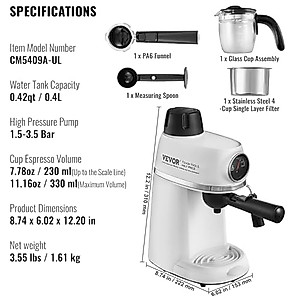 VEVOR Espresso Machine, 3.5 Bar Espresso Maker with Milk Frother Steam Wand, 4-Cup Professional Coffee/Espresso Machine with Temp Gauge for Latte Cappuccino, NTC Control System