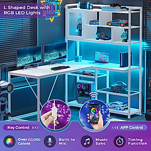 SEDETA L Shaped Computer Desk, 58'' Office Desk with LED Light and Bookshelf, L Shaped Corner Desk with Storage Shelves for Home Office, Gaming Desk, L Desk, White