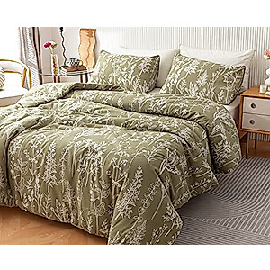 JANZAA 3 Pieces Duvet Covers Queen Size Floral Cover White Botanical Printed on Qlive Geen Soft Bed with Zipper Closure 4 Ties All Season Using(2 Pillow Cases)