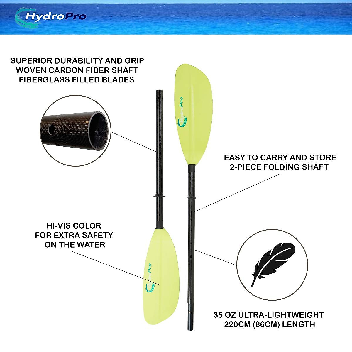 HydroPro 220 cm Carbon Fiber Kayak Paddle, Green