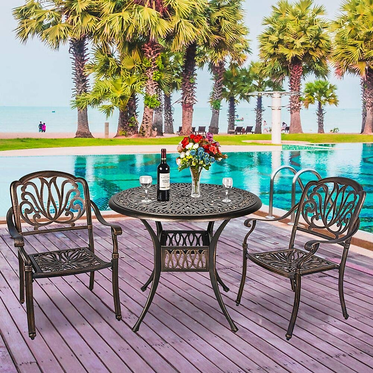 TITIMO 3 Piece Outdoor Bistro Round Table Set Cast Aluminum Table and Chairs Patio Furniture Antique Bronze