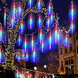 Meteor Shower Rain Light, 8 Tubes 192 Led 30cm Waterfall Raindrop Icicle Christmas Light Outdoor, Waterproof Plug in String Light for Xmas Holiday Party Wedding Valentine Day - Multicolor