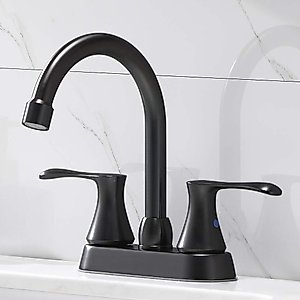 Comllen Black Bathroom Faucet, Modern Centerset 4 Inch 2 Handle 360°Swivel Spout Lead-Free Matte Black Bathroom Sink Faucet, 3 Hole Vanity Lavatory Faucet for Bathroom Sink