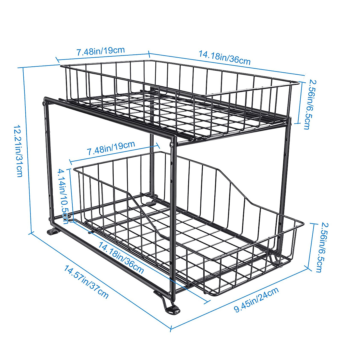 Pull Out Cabinet Organizer, 2 Tier Under Sink Organizers and Storage With Sliding Baskets, Stackable Iron Under Sink Storage for Kitchen, Bathroom, Cabinet, Countertop, Office and More, 1 Pack, Black
