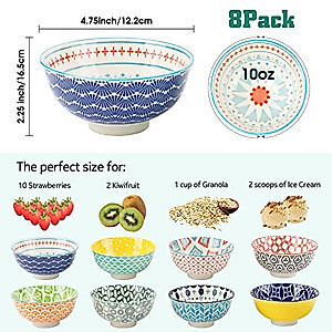 DeeCoo Cereal Bowls,Set of 8 Porcelain, 4.75 Inch Diameter,10 Fluid Ounces (1.25 Cup), Vibrant Colors Soup, Cute Oatmeal Bowls for Pasta, Small Salad, Stews, Rice, Yoghurt, Dessert, Poke