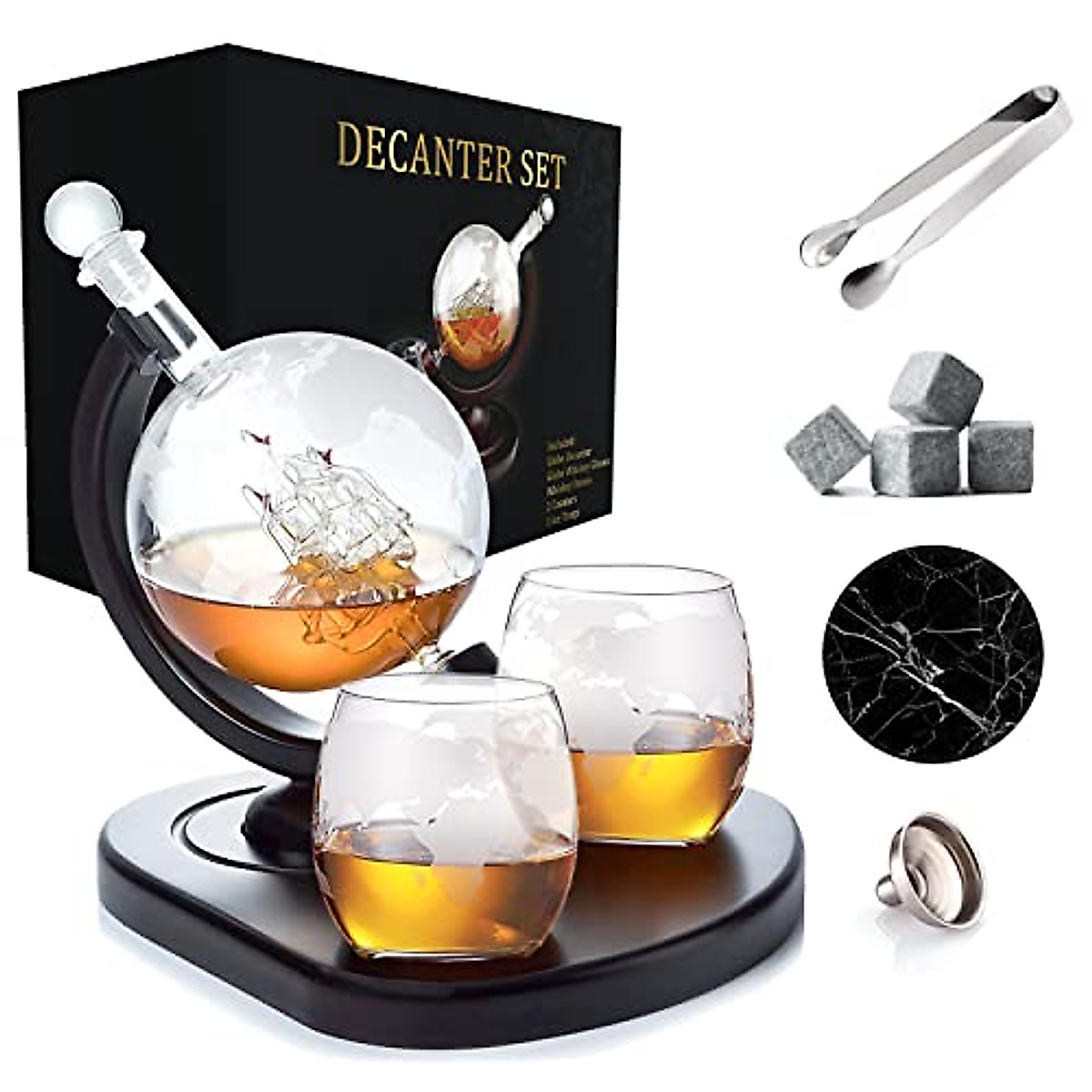 SALE | Whiskey Decanter Globe Set with 2 Etched Globe Whisky Glasses - Included - Whiskey Stones, Ice Tong, Coasters - Gifts For Men Dad - Liquor, Bourbon, Scotch, Vodka with a Wood Stand - 850ml