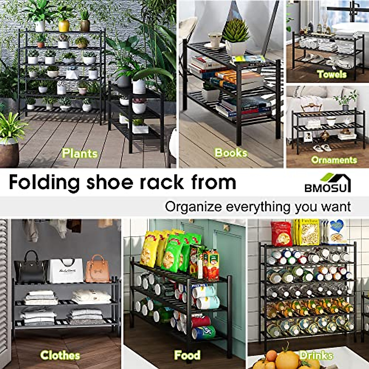 BMOSU Bamboo Shoe Rack for Entryway Stackable Shoe Shelf Premium Storage Organizer for Hallway Closet Living Room Bedroom Organizer(Black, 3-Tier L-33.3")