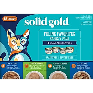 Solid Gold Wet Cat Food Variety Pack - Pate & Shreds in Gravy Recipes - Made with Real Chicken, Tuna & Mackerel for Sensitive Stomach & Immune Health - Canned, 12 Pack