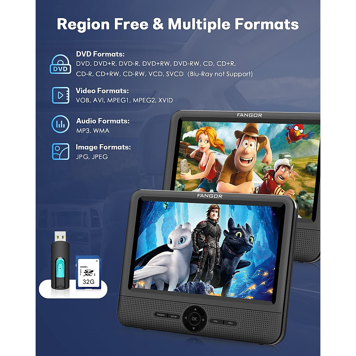 FANGOR 7.5" Dual Portable DVD Player for Car, Car DVD Player Dual Screen Play a Same or Two Different Movies with Headrest Strap, Regions Free, Support Last Memory, AV Out & in, USB/SD Card