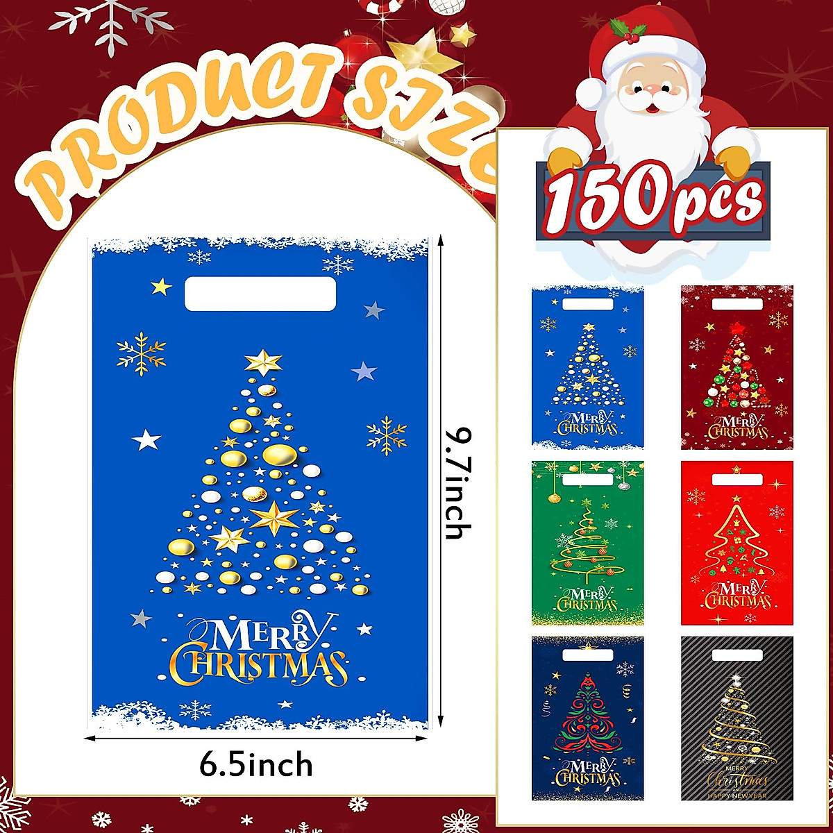 Hotop 150 Pcs Christmas Treat Bags Christmas Tree Goodies Bags Bulk Plastic Candy Treat Snacks Bags with Handles for Holiday Cookie Goody Gift Merry Christmas Party Favor Supplies, 6 Styles