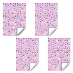 Little Princess Birthday Wrapping Paper for Girls Kids Baby Child, Lovely Pink Princess Castle Theme Gift Wrapping Paper for Birthday Baby Shower with Pink Ribbon 4 Sheets Folded Flat